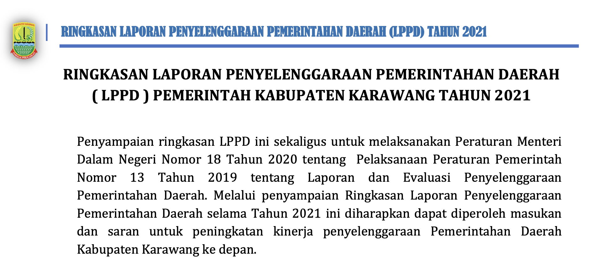 RINGKASAN LAPORAN PENYELENGGARAAN PEMERINTAHAN DAERAH ( LPPD ) PEMERINTAH KABUPATEN KARAWANG ...